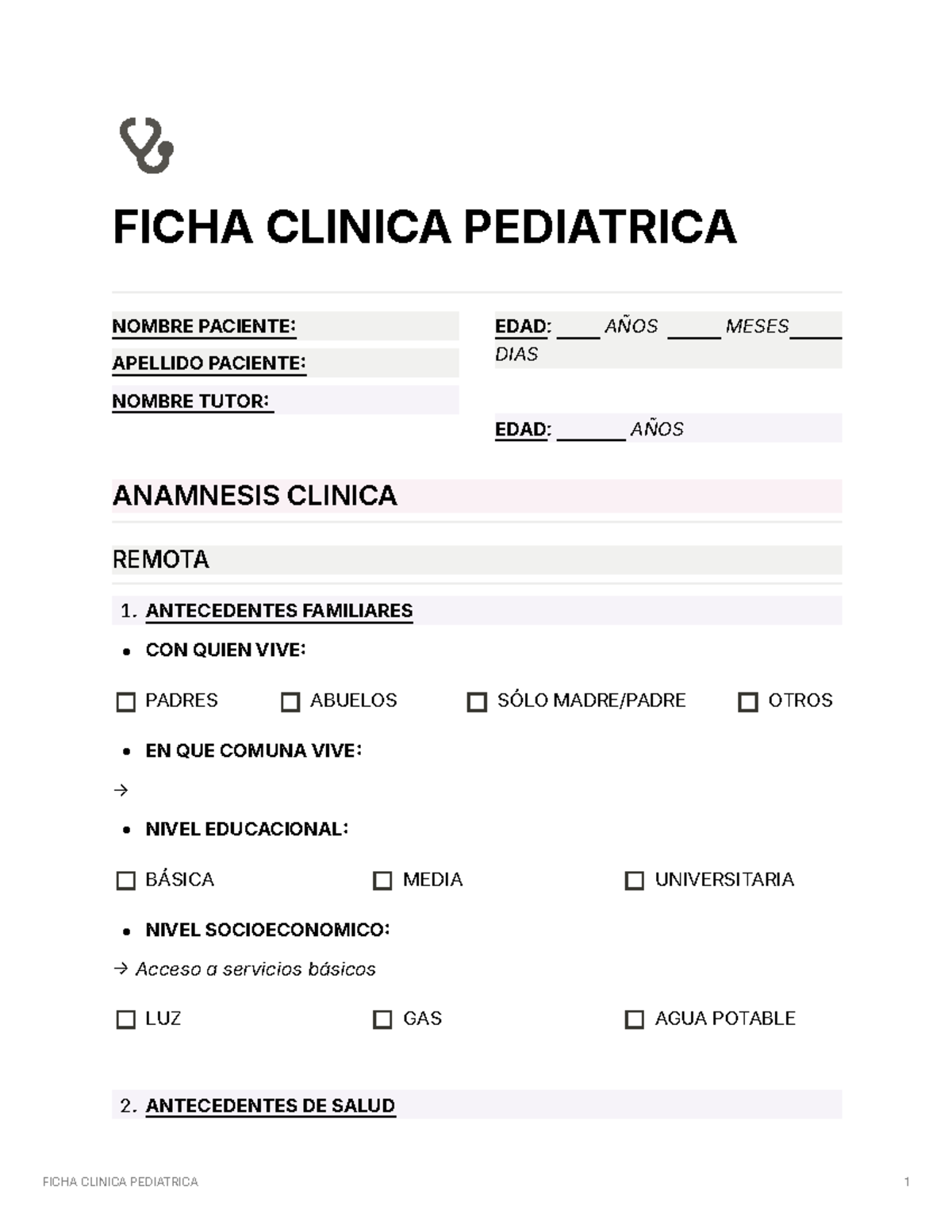 Ficha Clinica Pediatrica - FICHA CLINICA PEDIATRICA NOMBRE PACIENTE ...