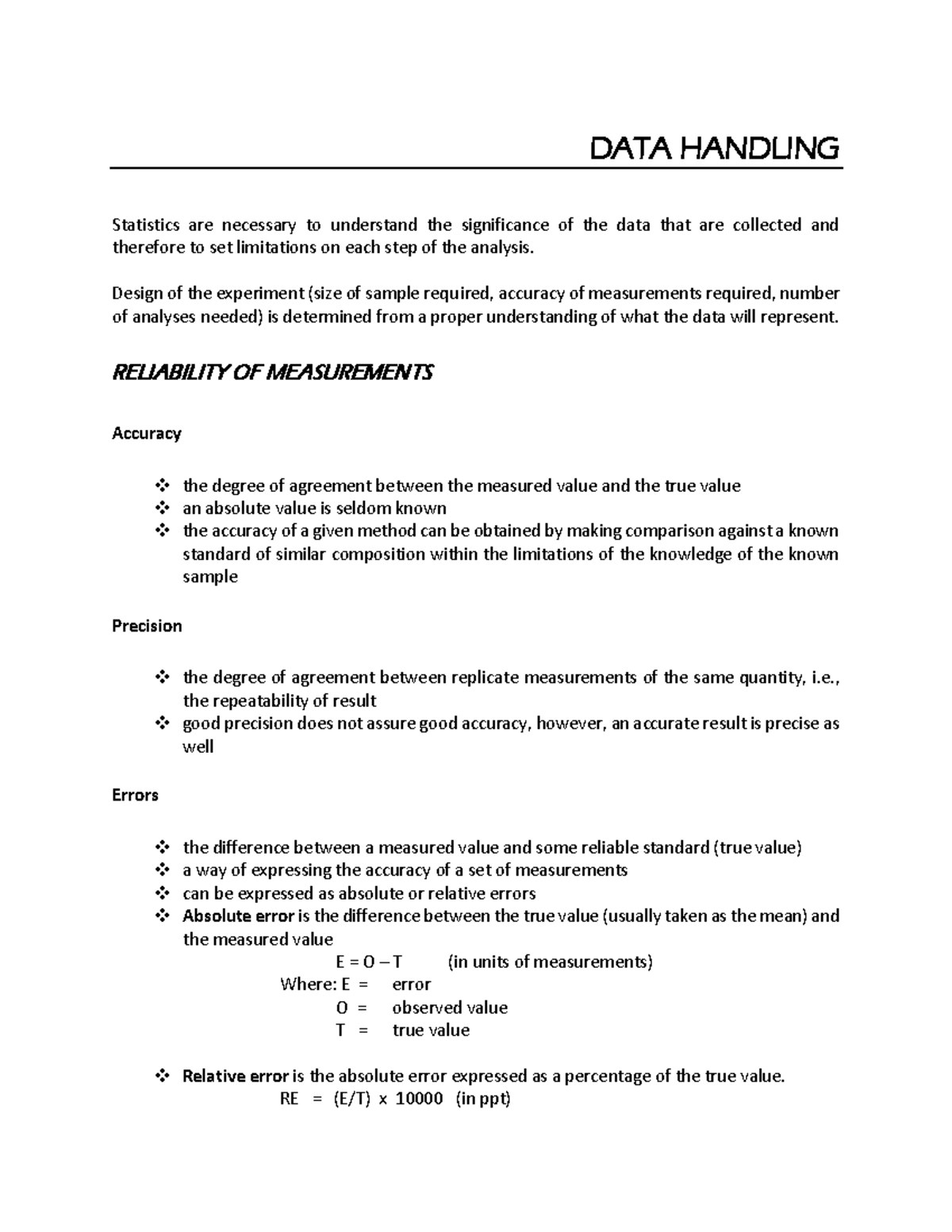 Data Handling-ANalytical CHem - DATA HANDLING Statistics are necessary ...