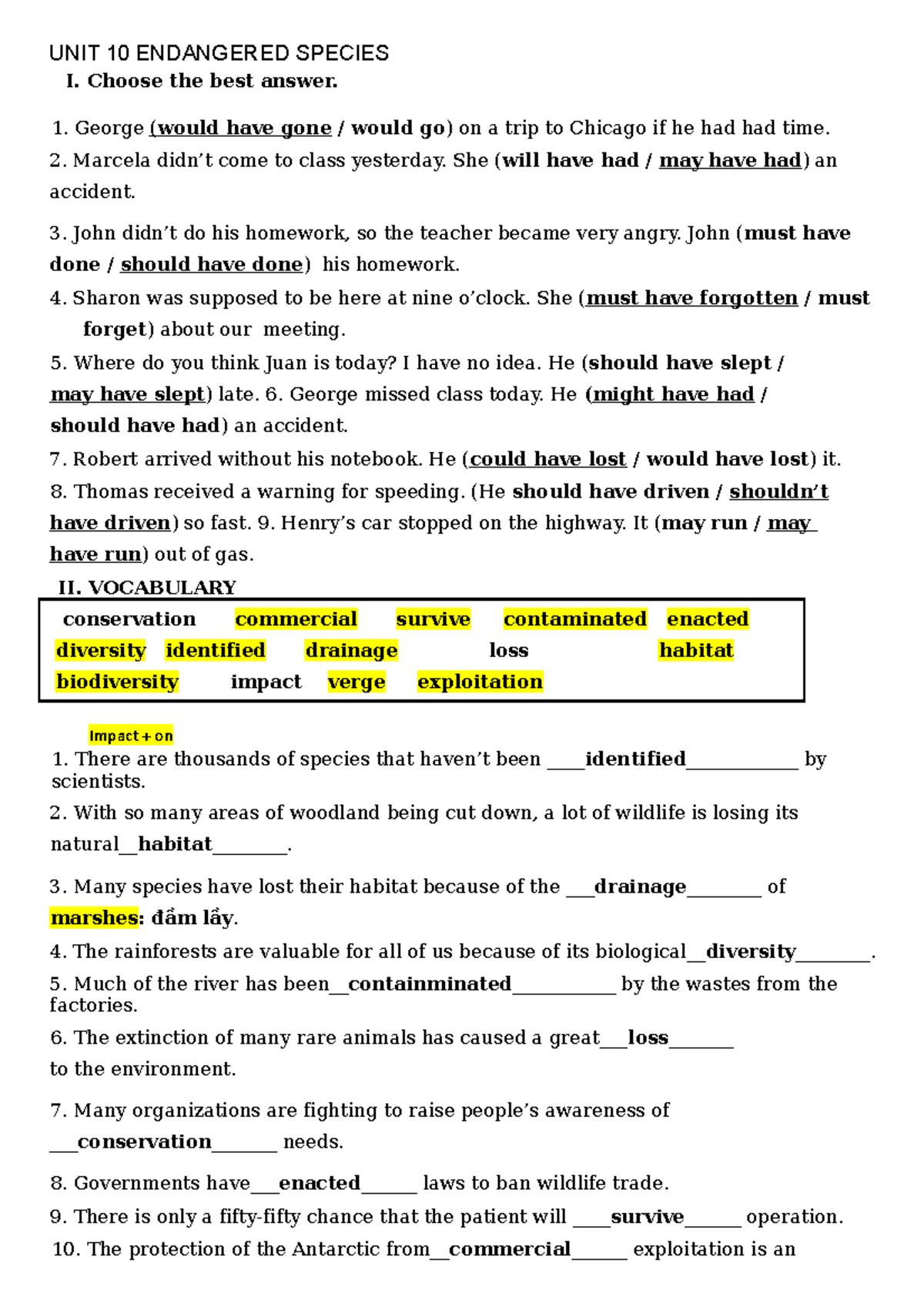 UNIT 10 2021 Endangered Species - UNIT 10 ENDANGERED SPECIES I. Choose ...