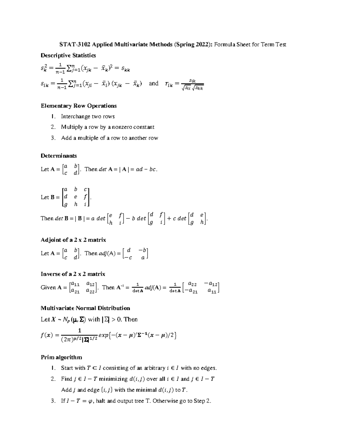 Formula Sheets for Final Exam - STAT-3102 Applied Multivariate Methods ...