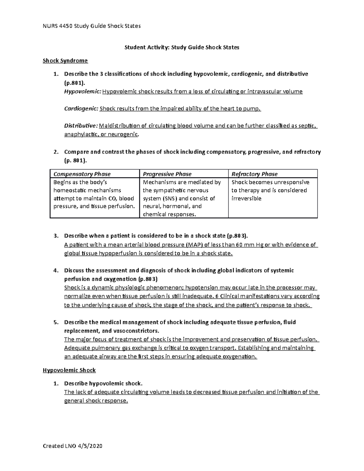 Shock States - Study Guide - Student Activity: Study Guide Shock States ...