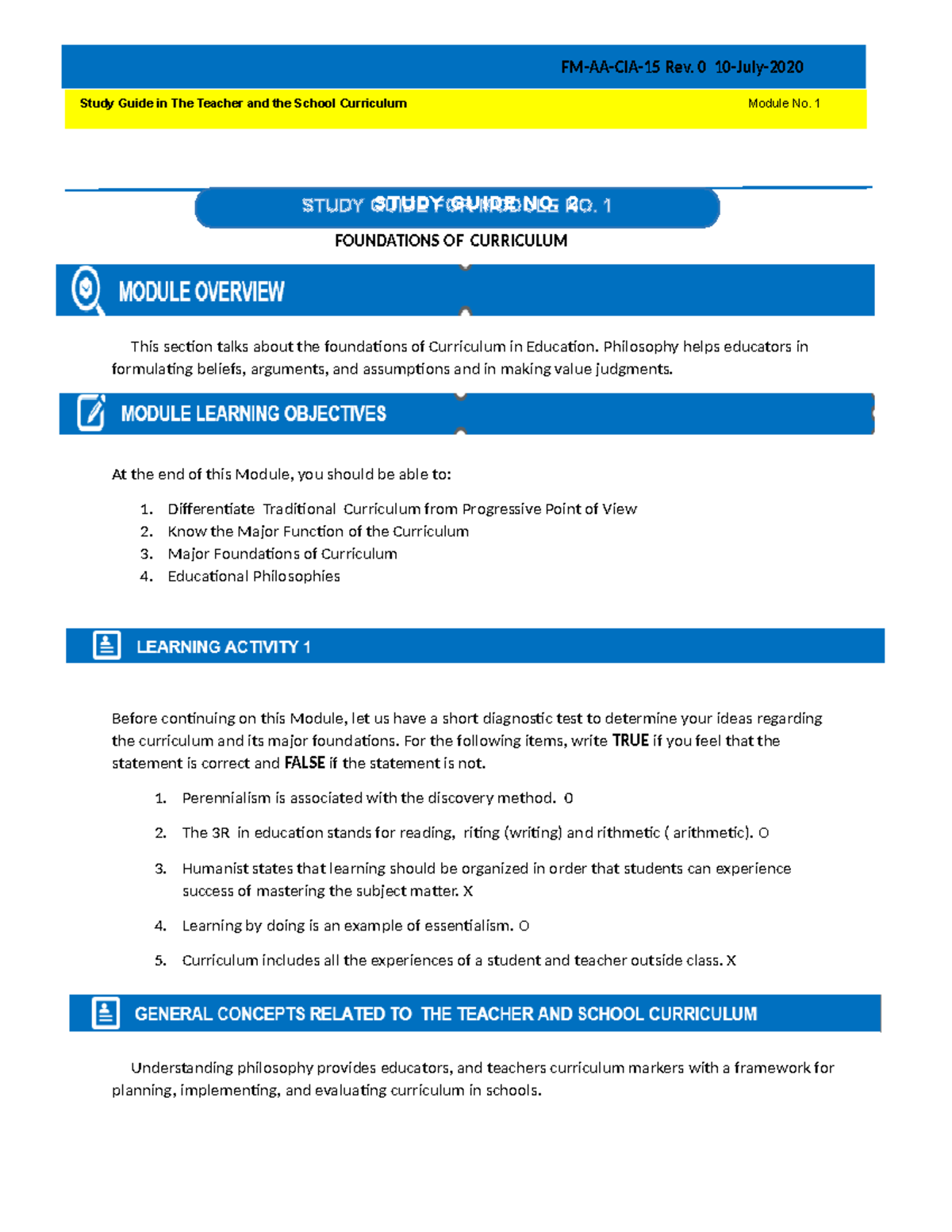 Study Guide NO 2 Curriculum - STUDY GUIDE FOR MODULE NO. 1 Study Guide in The Teacher and the ...