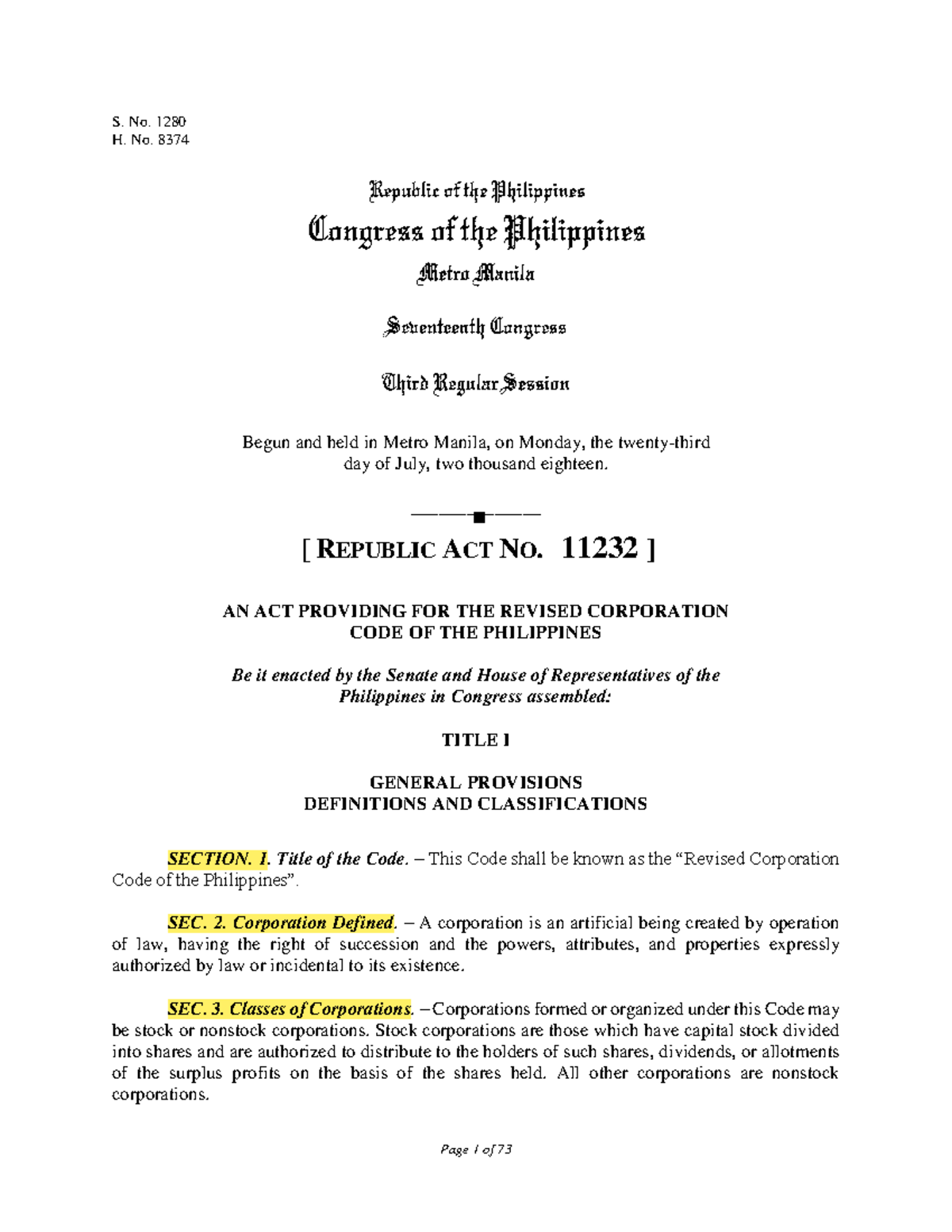 RCCP - Revised Corporation Code in the Ph pdf copy - S. No. 1280 H. No ...