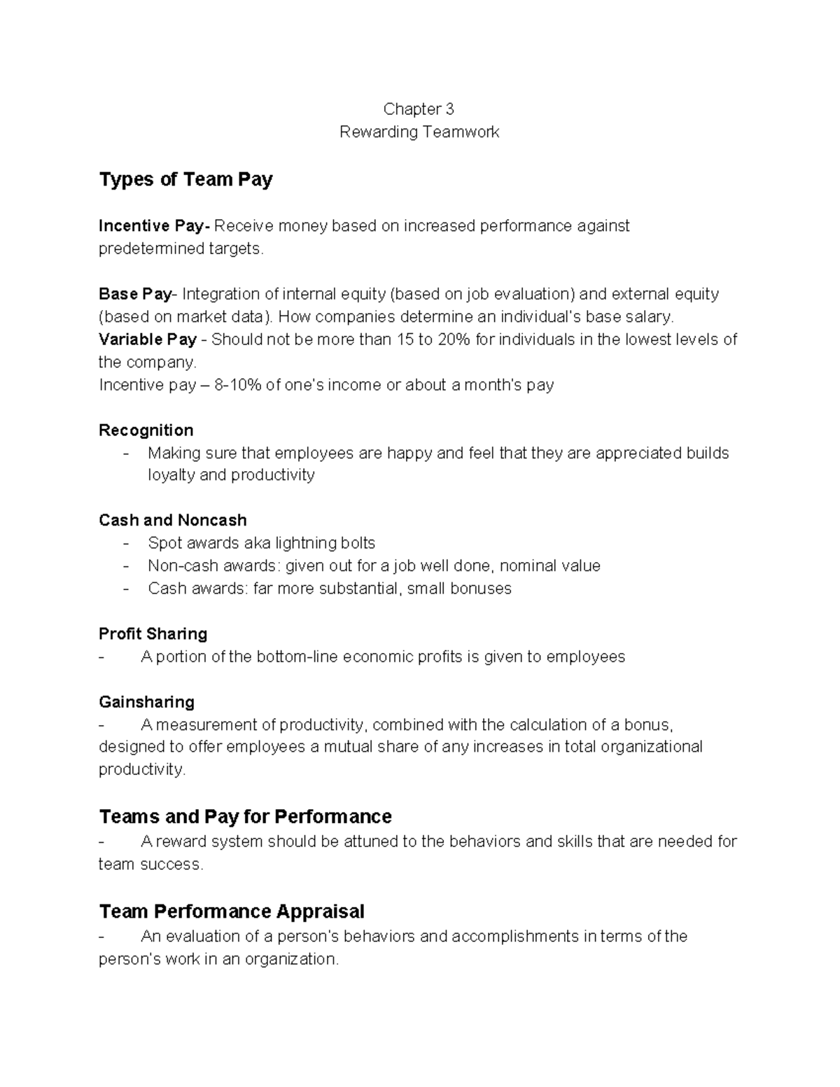 Chapter 3 Notes - Chapter 3 Rewarding Teamwork Types of Team Pay ...