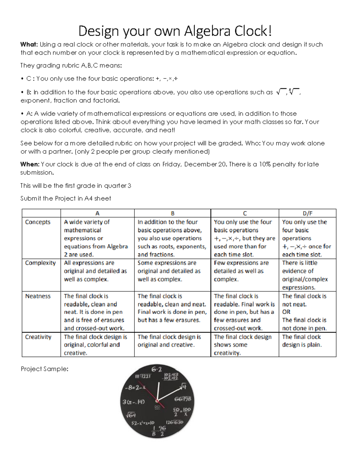 Project - Course work - Design your own Algebra Clock! What: Using a ...