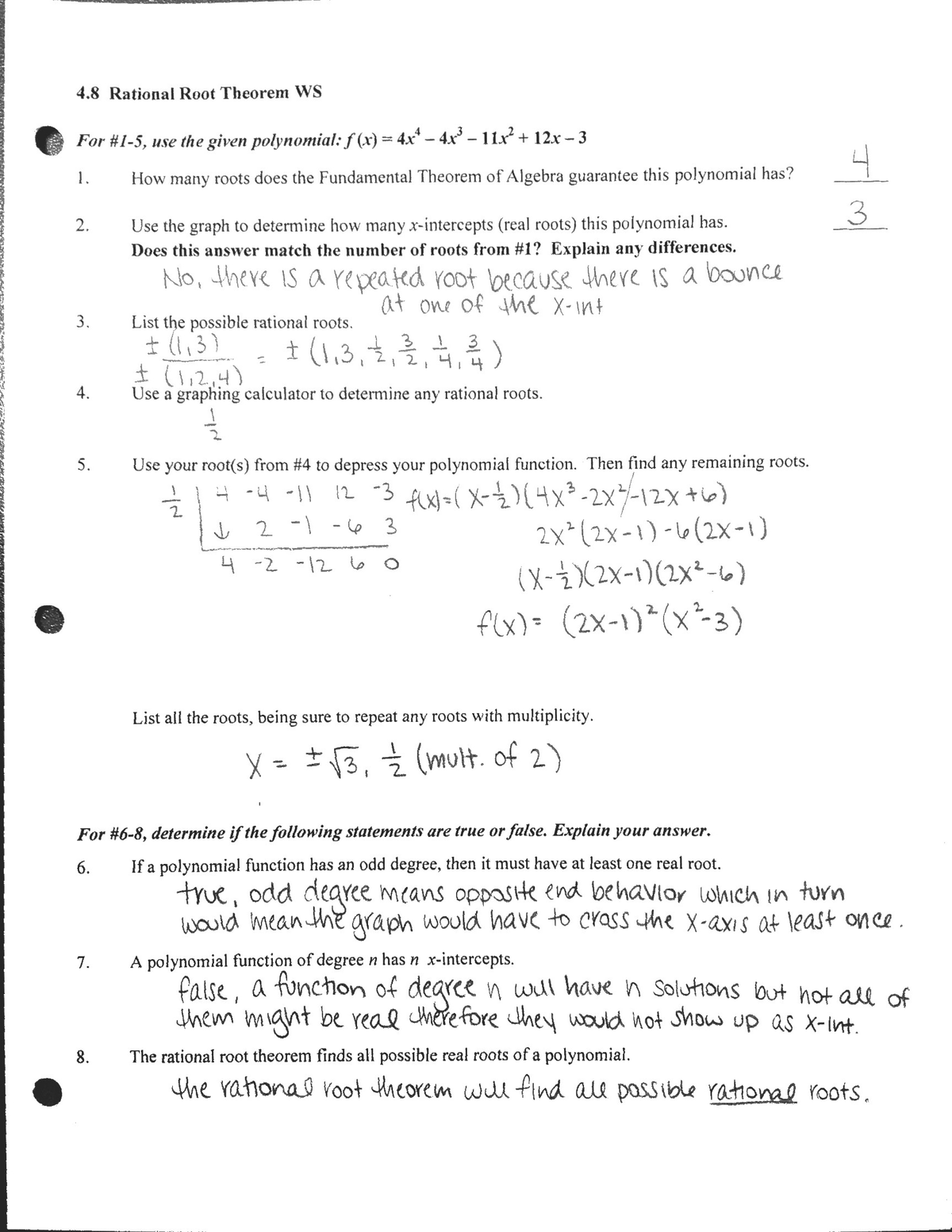4.9 Rational Root Theorem WS Key - Calculo de una variable - Studocu
