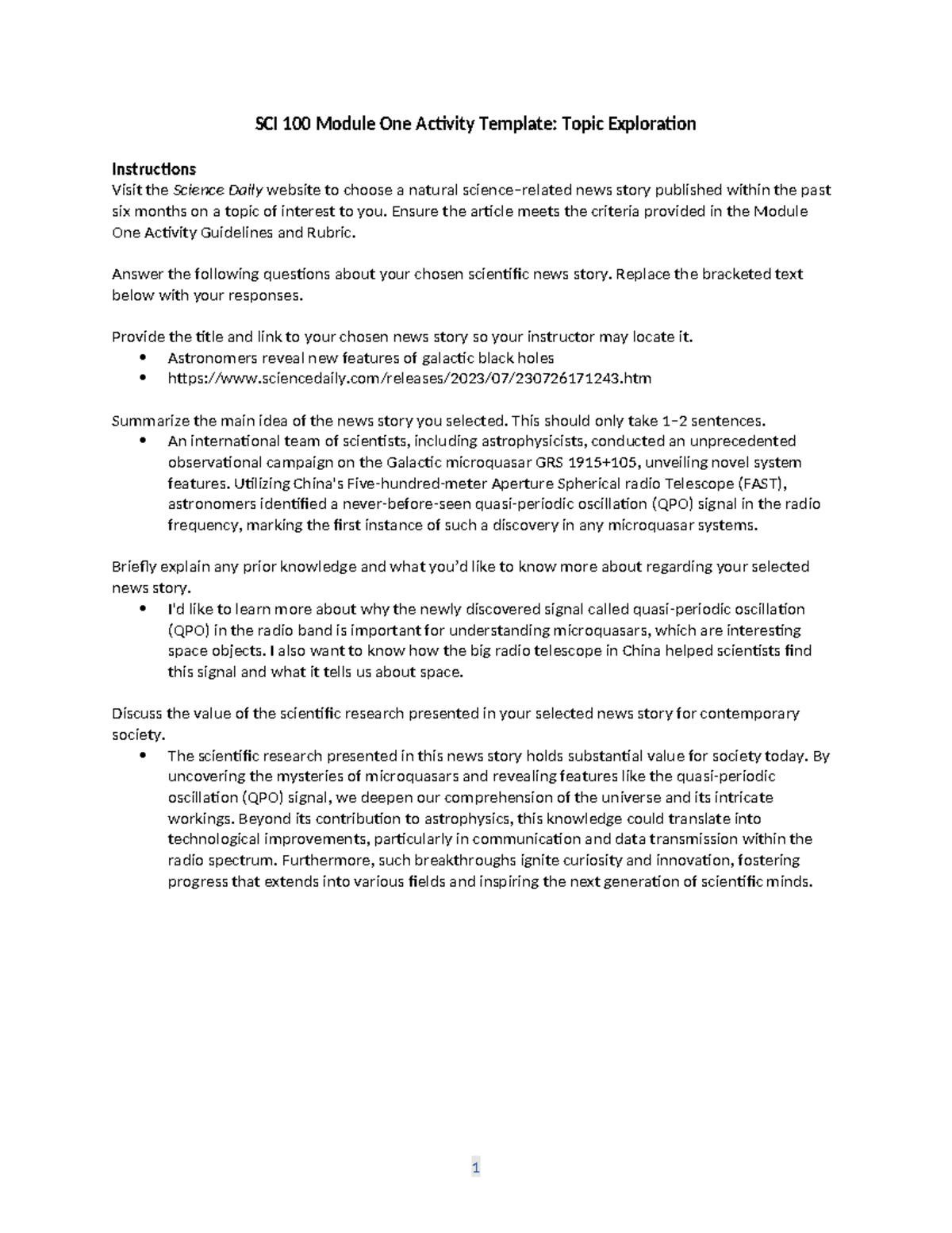 Sci 100 mod 1 copy - Assignment Notes - SCI 100 Module One Activity ...