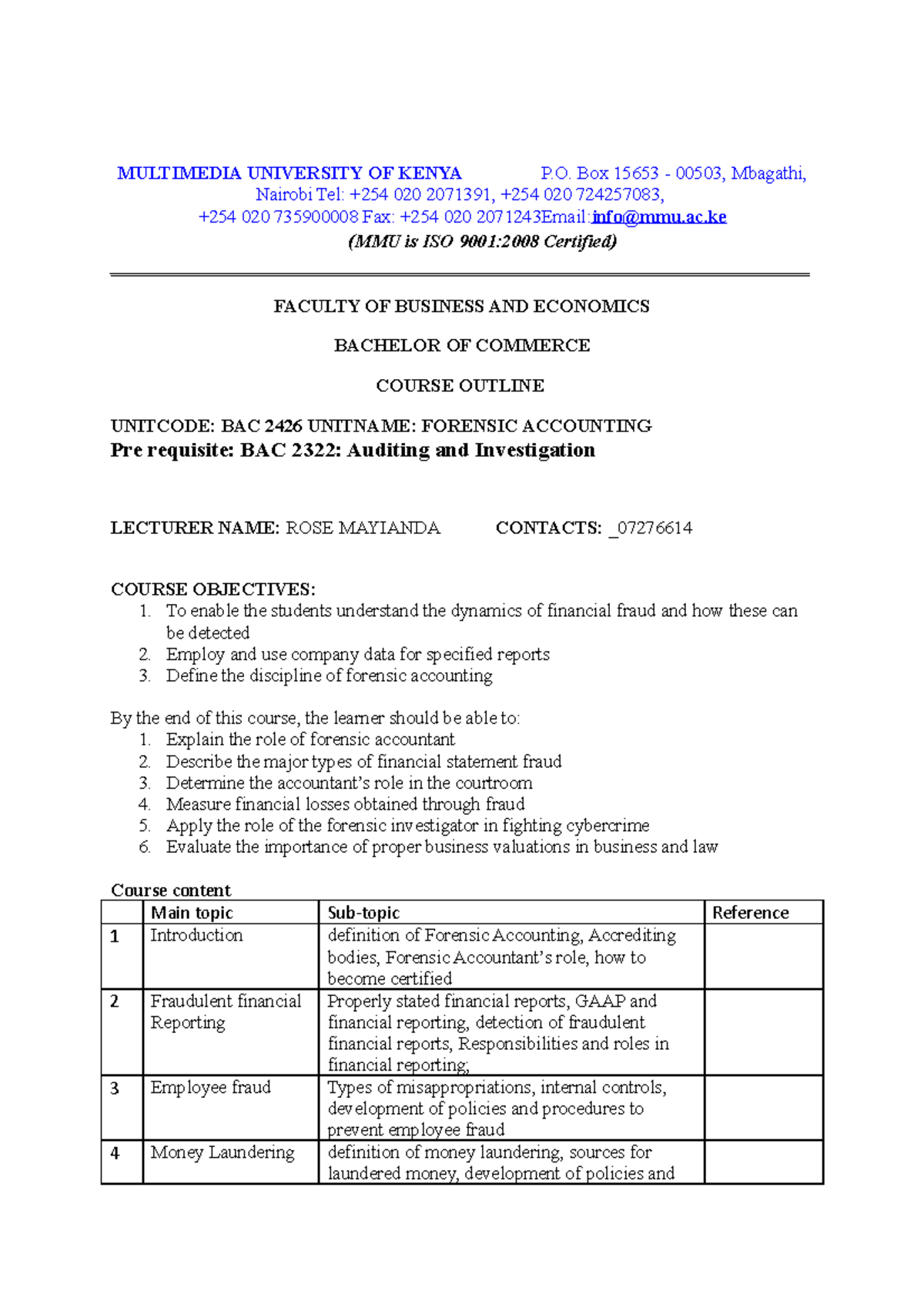 Forensic accounting.course outline - MULTIMEDIA UNIVERSITY OF KENYA P ...