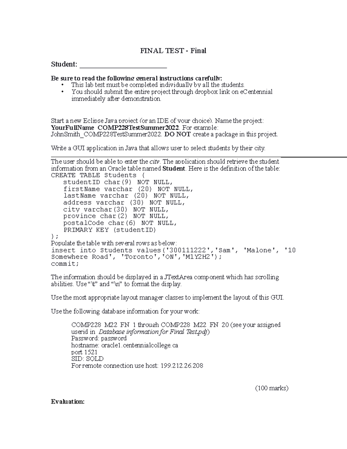 COMP228Final Test - SAD - FINAL TEST - Final Student ...