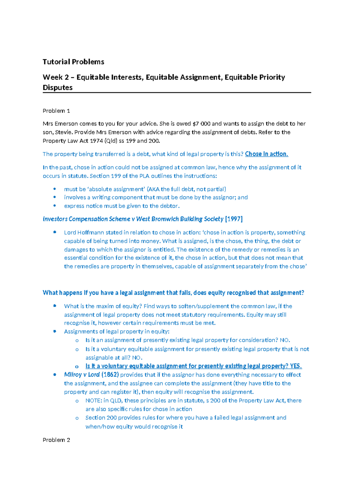 Equity Tutorials - Week 2 Tutorial & Answers - Tutorial Problems Week 2 – Equitable Interests ...