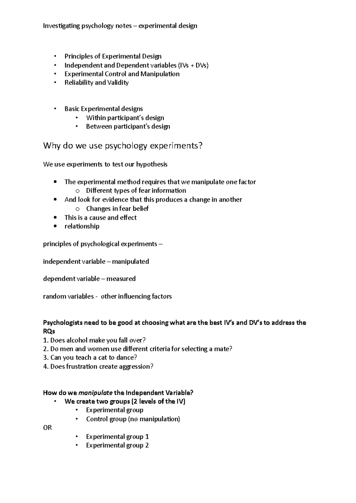 Experimental design - Lecture notes 3 - Invesigaing psychology notes ...