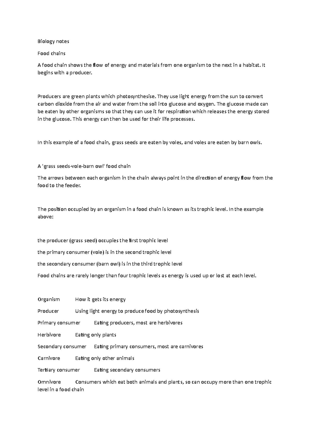 Biology notes 14 - Biology notes Food chains A food chain shows the ...