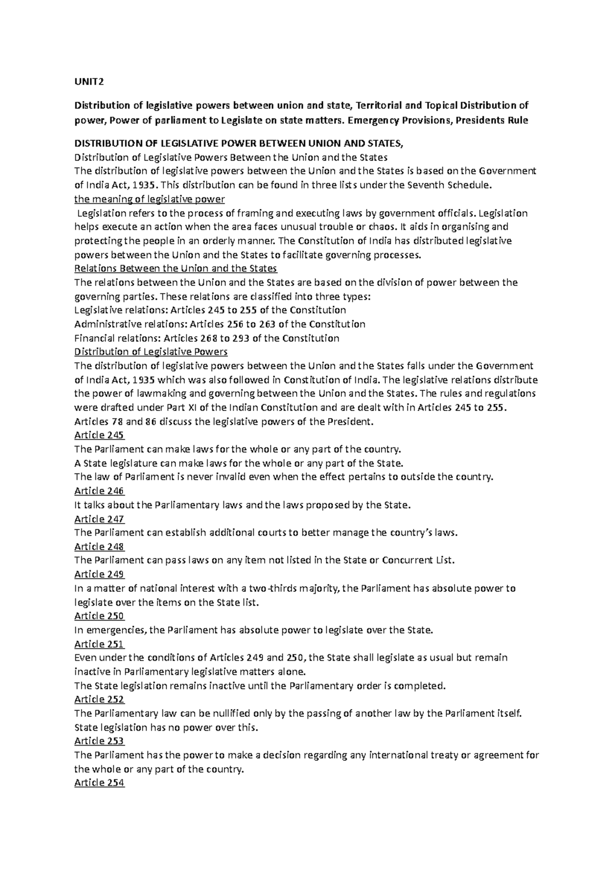 UNIT2 - ANSWER - UNIT Distribution of legislative powers between union ...