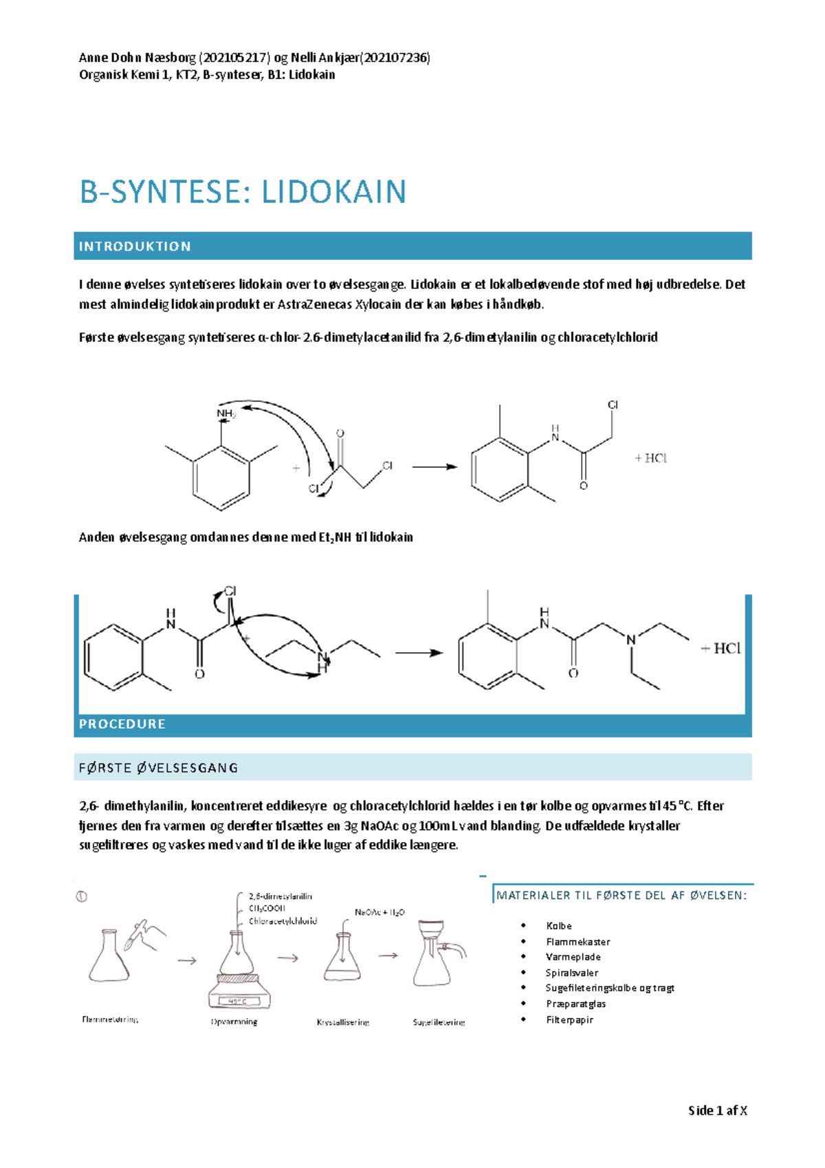 B-syntese øvelse 4: Lidokain - Organisk Kemi 1, KT2, B-synteser, B1 ...