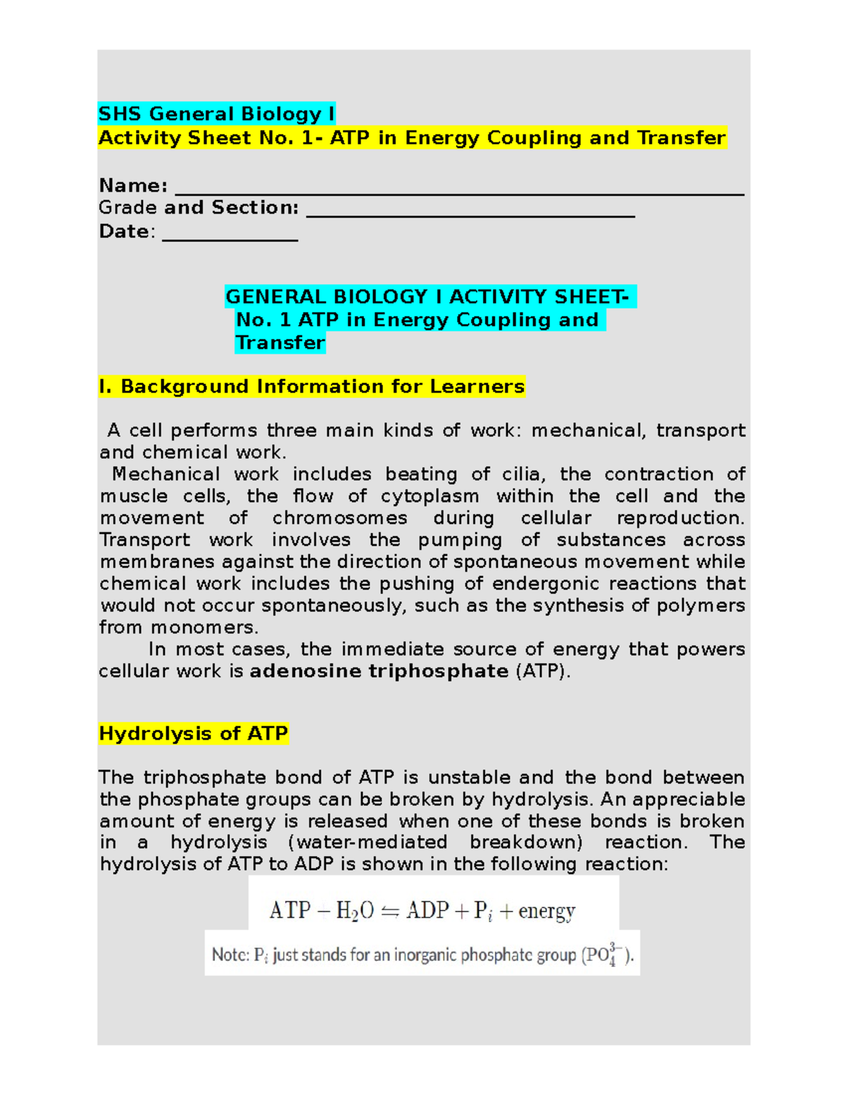 General Biology 1 Activity Sheet No. 1- ATP in Energy Coupling and ...