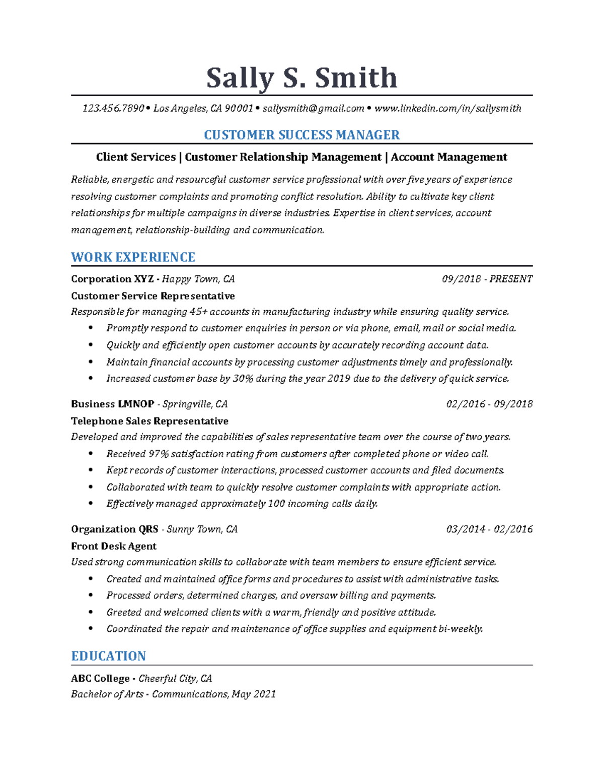 Resume Example - Sally S. Smith 123.456 Los Angeles, CA 90001 ...