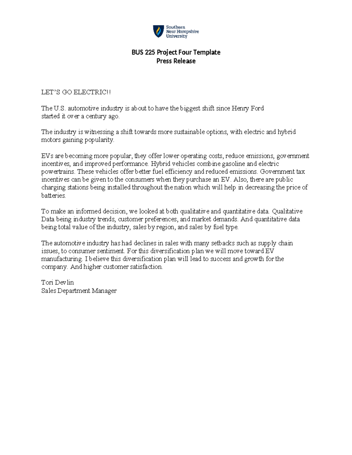 BUS 225 Project Four Tori - BUS 225 Project Four Template Press Release ...