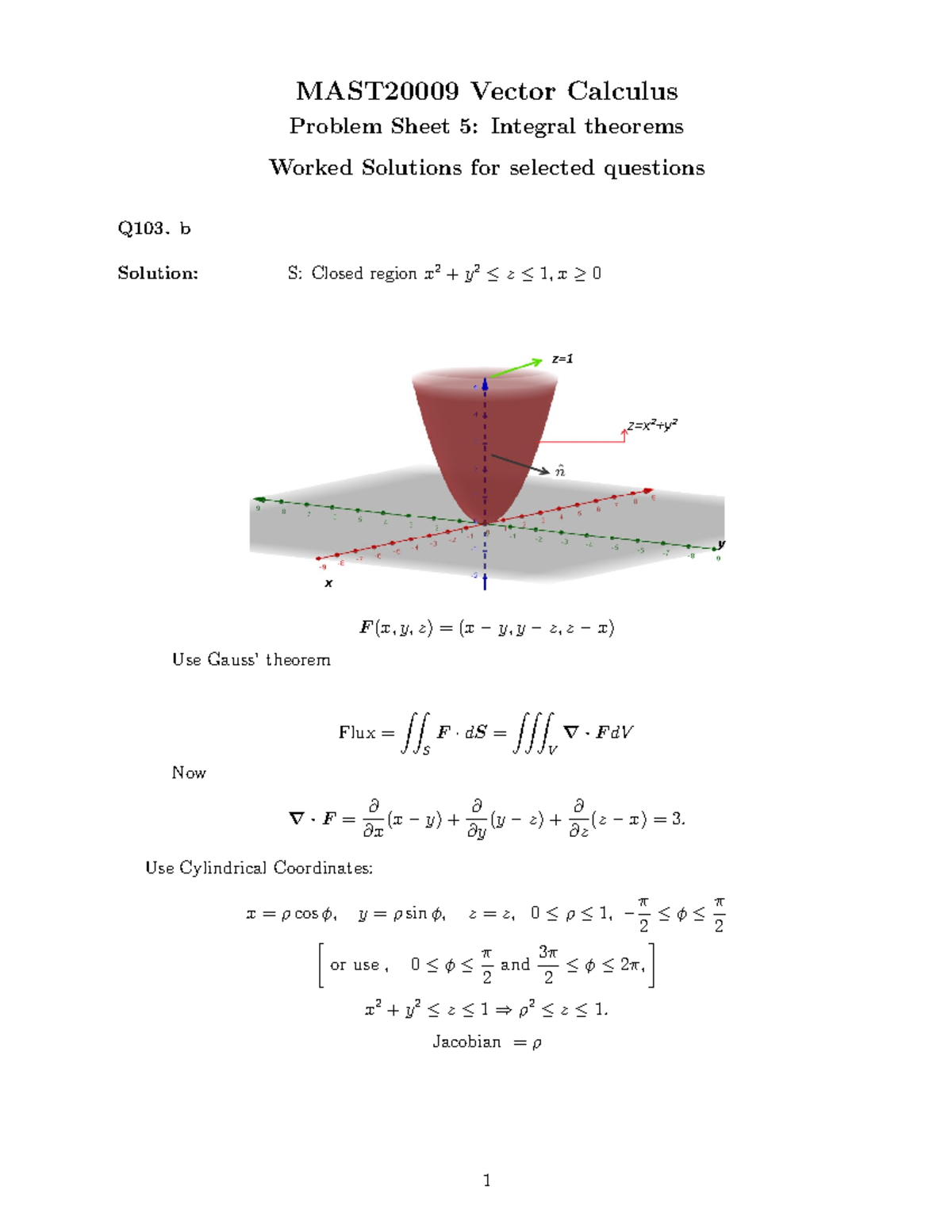 Worked Solutions 5.3 2024S2 - MAST20009 Vector Calculus Problem Sheet 5: Integral theorems ...