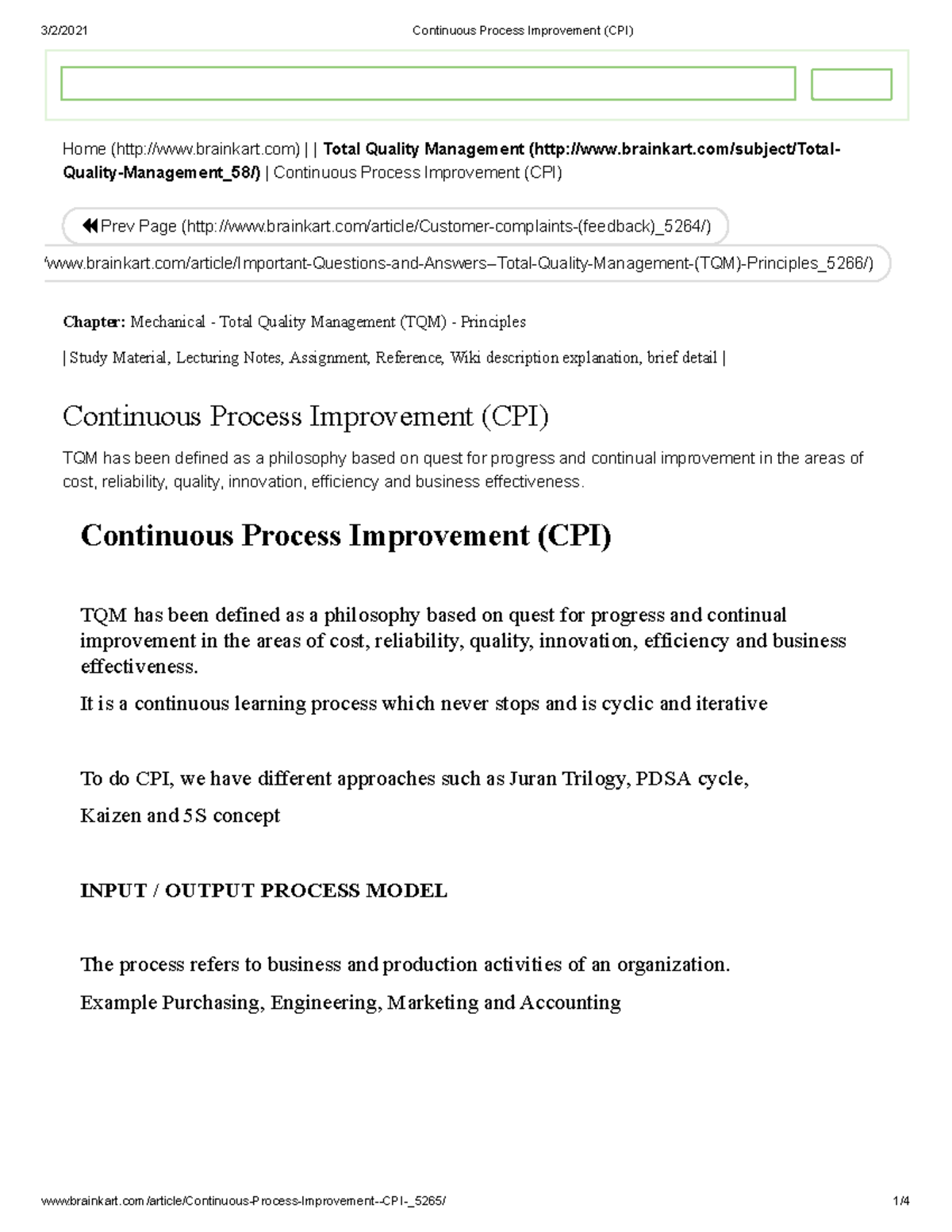 Continuous Process Improvement (CPI) - Home (brainkart) | | Total ...