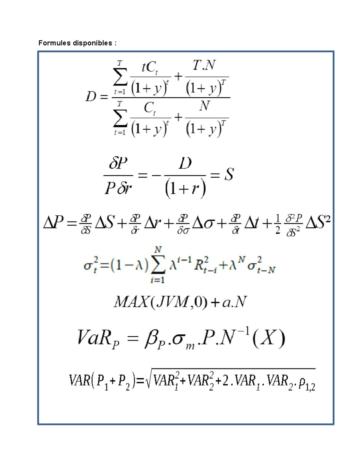 Formules - FIN5590 - VAR 1 . VAR 2 . ρ 1, - Studocu