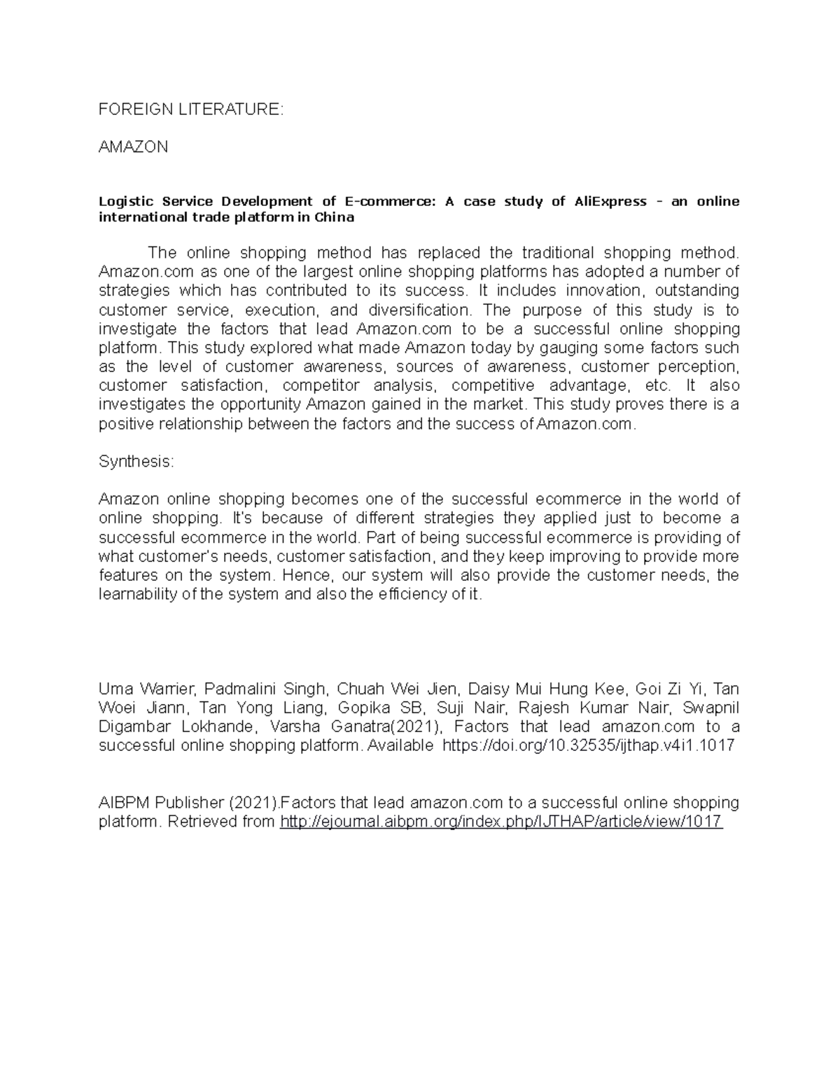 Foreign- Literature - FOREIGN LITERATURE: AMAZON Logistic Service ...