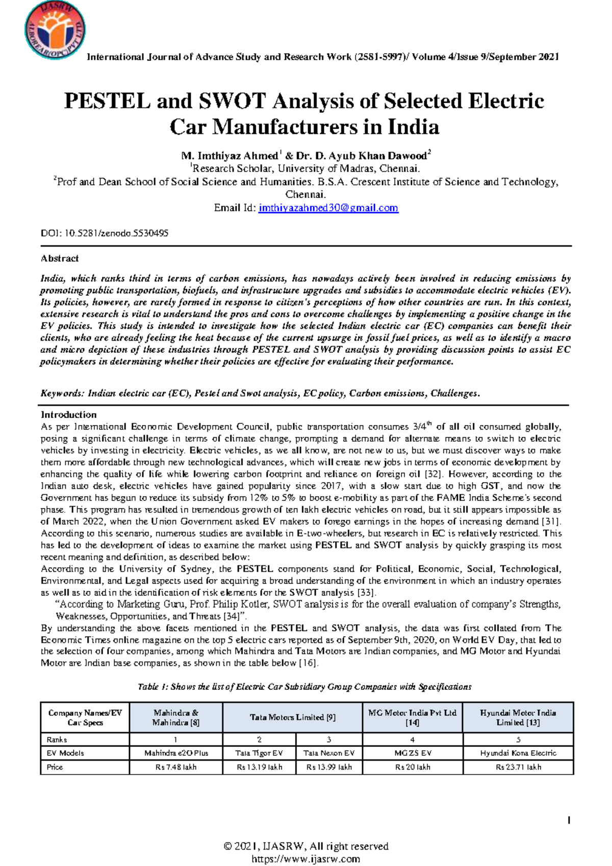 Ij135 - PESTEL and SWOT Analysis of Selected Electric Car - 1 © 2021 ...