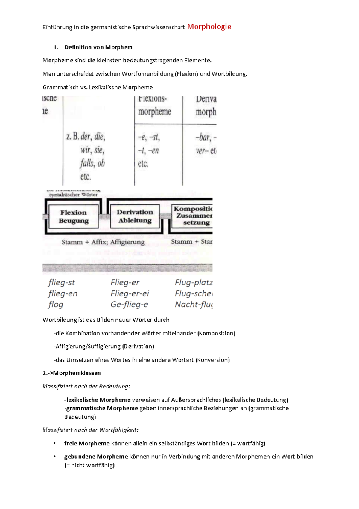 Zusammenfassung Morphem - 1. Definition von Morphem Morpheme sind die ...