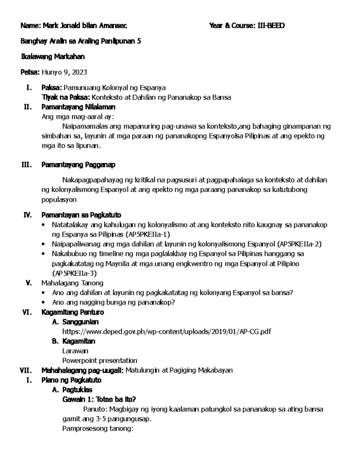 Banghay Aralin AP5 - Lesson Plan Elementary - Name: Mark Jonald bilan ...