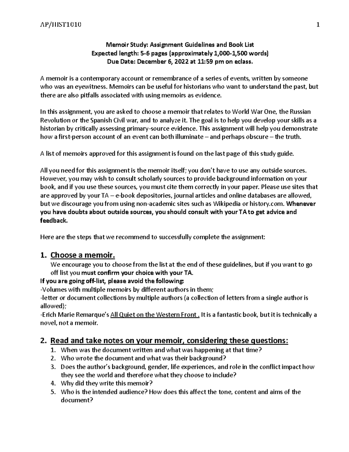 HIST1010 December Memoir Study Guidelines - Memoir Study: Assignment ...