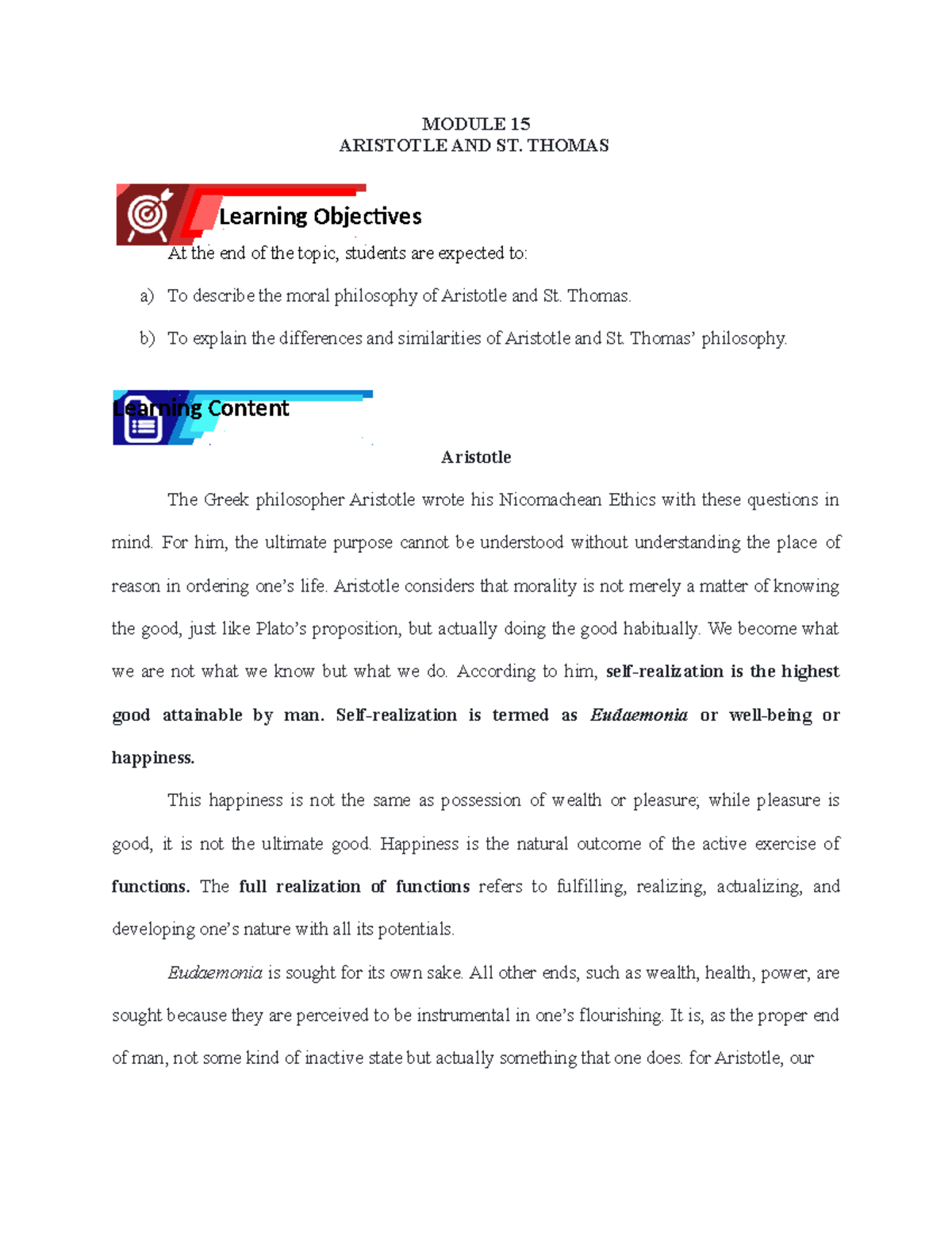Module 15 Aristotle AND ST. Thomas - Ethics - TIP - Studocu