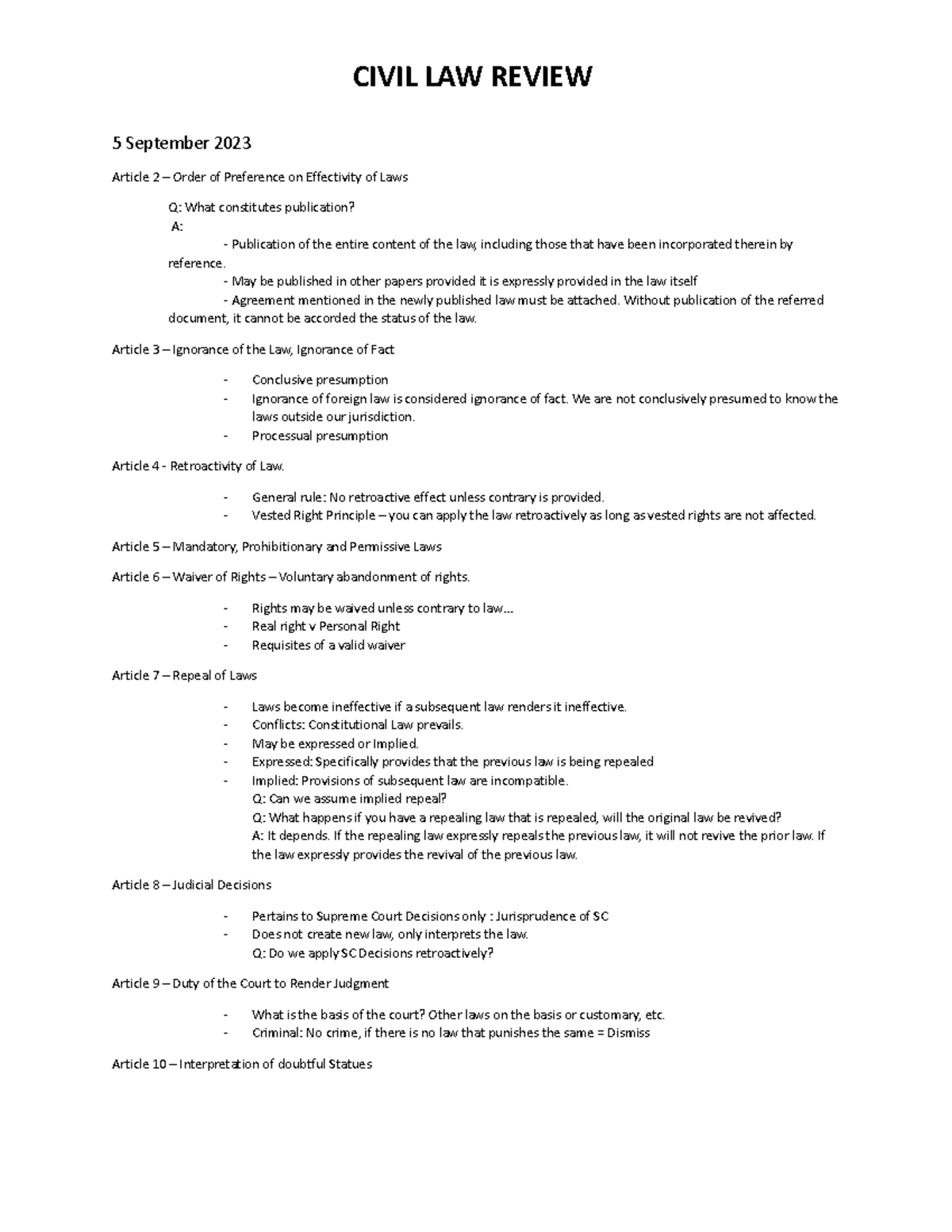 Class Notes - 5 September 2023 Article 2 – Order of Preference on ...
