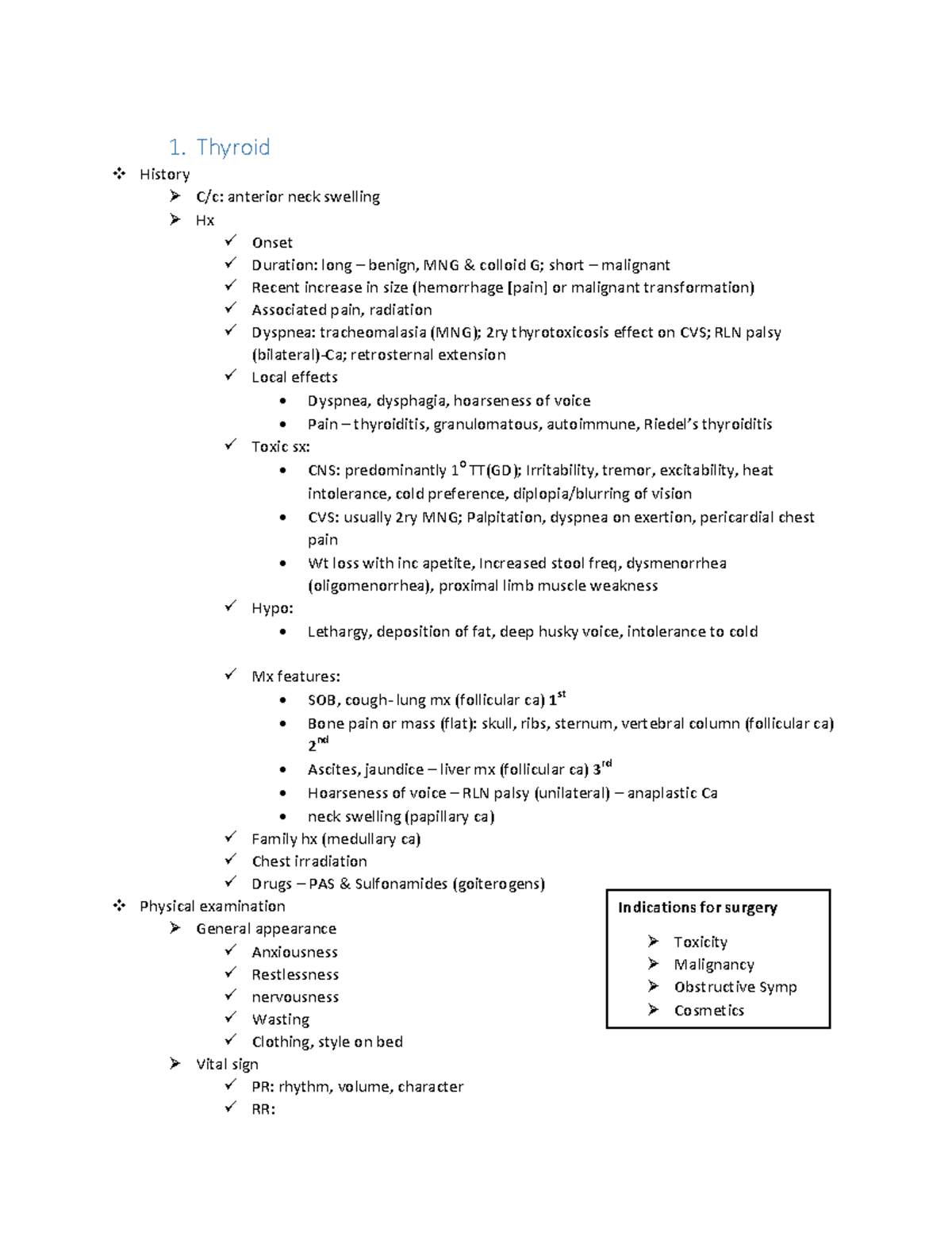 Surgery Long-Cases-A - 1. Thyroid History C/c: anterior neck swelling ...