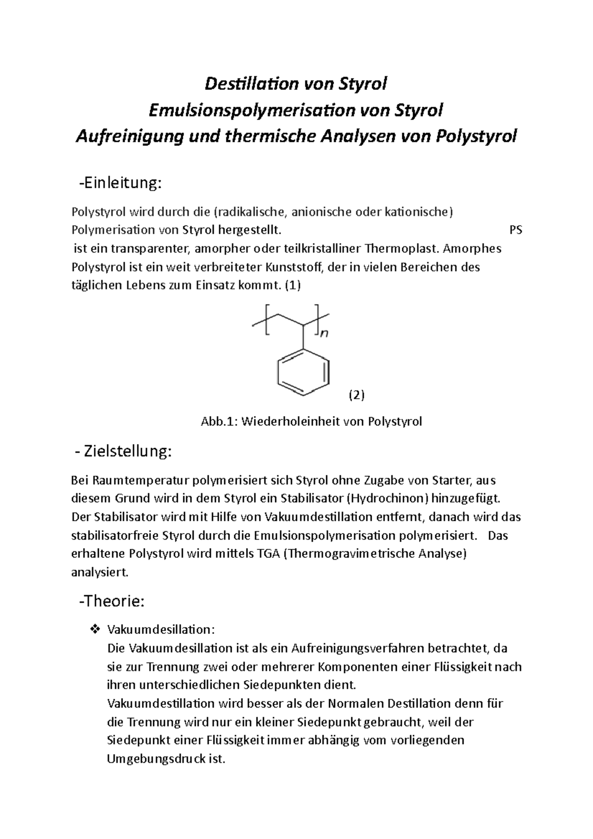 Protokoll Polymer III - Destillation von Styrol Emulsionspolymerisation ...