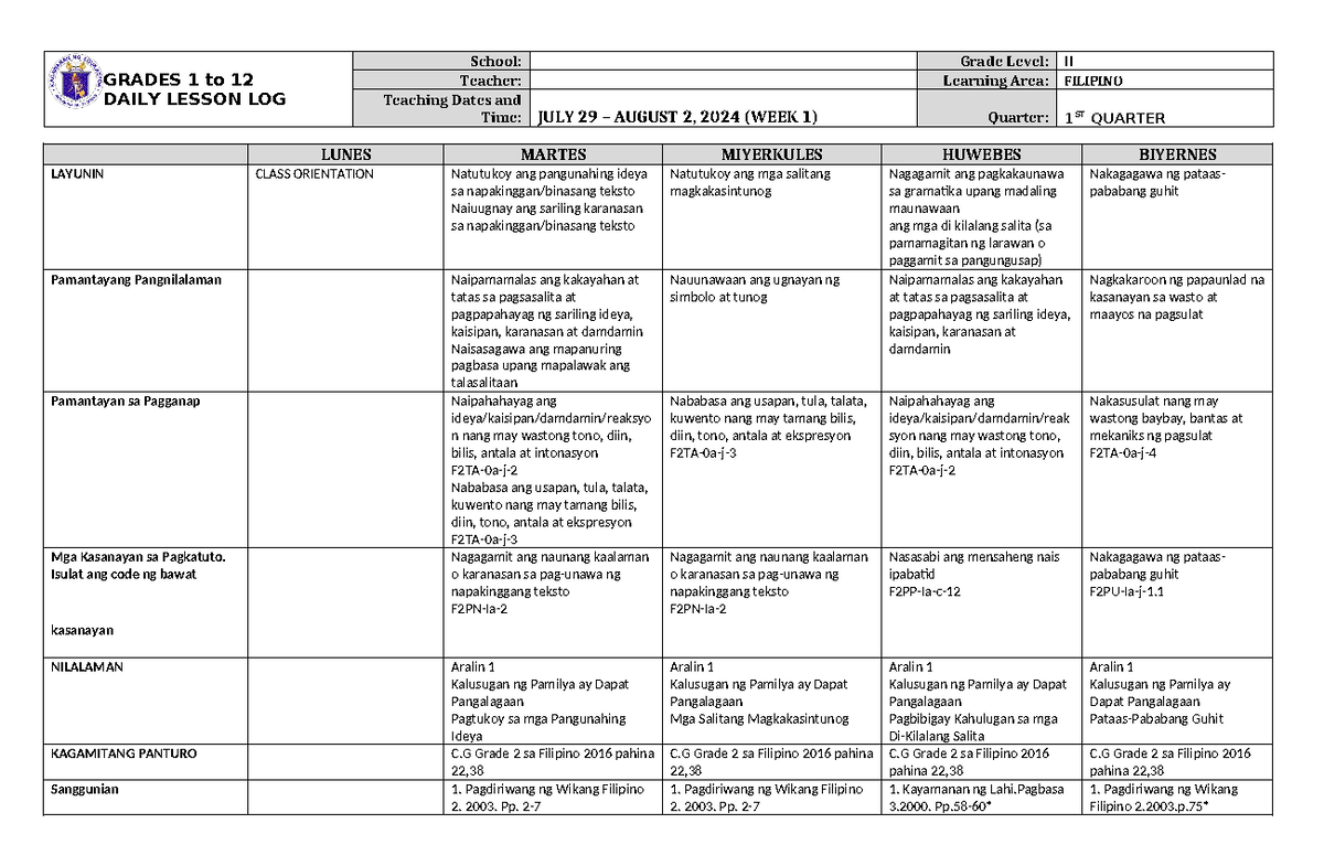 DLL Filipino 2 Q1 W1 - Guide in working a lesson - GRADES 1 to 12 DAILY LESSON LOG School: Grade ...