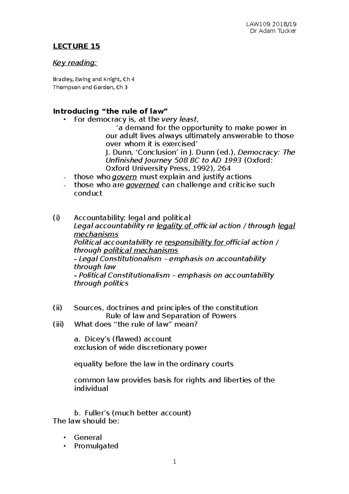Introducing the rule of law handout - LAW109 2018/19 Dr Adam Tucker ...