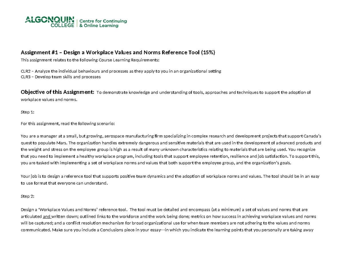 MGT2382 Assignment 1 (M3) - Design a Workplace Values and Norms ...