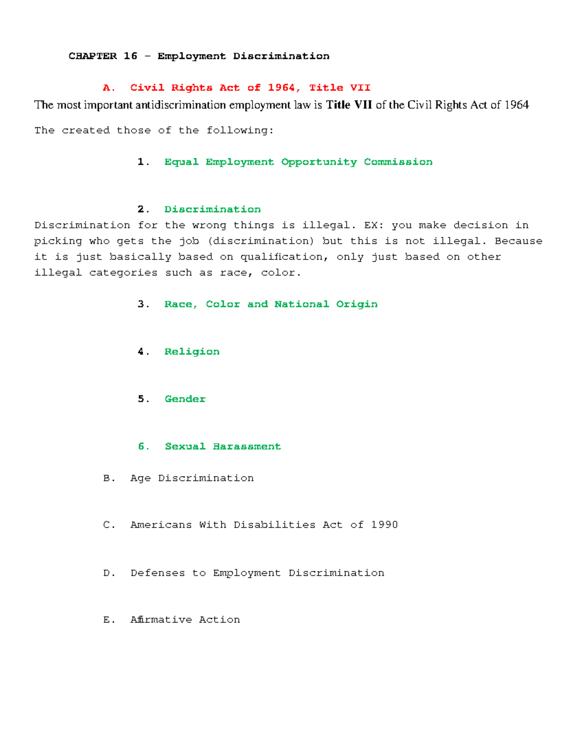 CH 16 - CH 16 - CHAPTER 16 Employment Discrimination A. Civil Rights ...