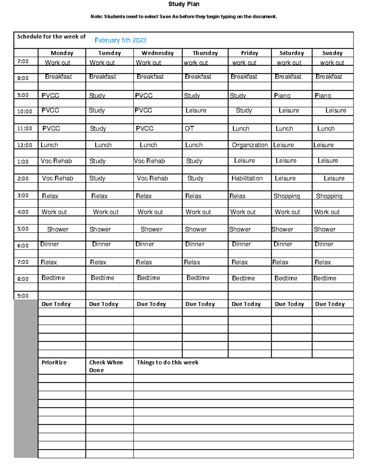 Study Plan - FYE 103 - Schedule for the week of Monday Tuesday ...