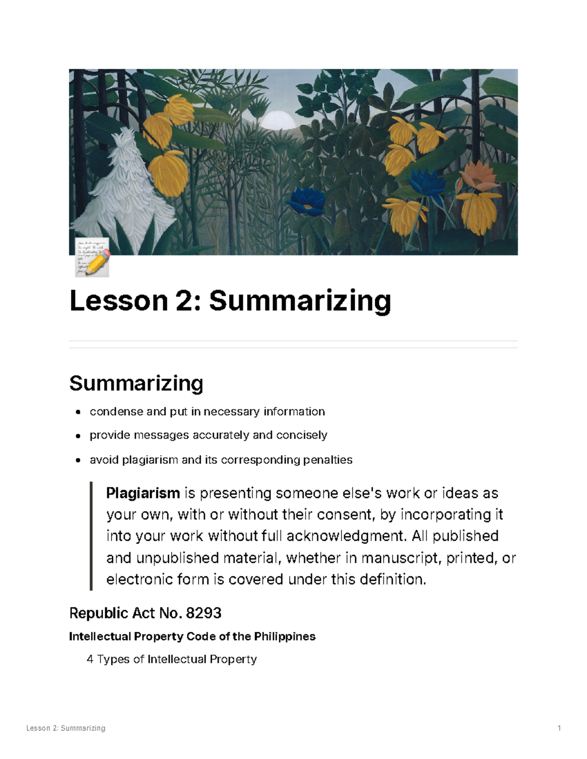 Fedf6f26-30c3-4333-ad4f-bdbb27966 eaf Lesson 2 Summarizing - Lesson 2 Summarizing 1 📝 Lesson 2 ...