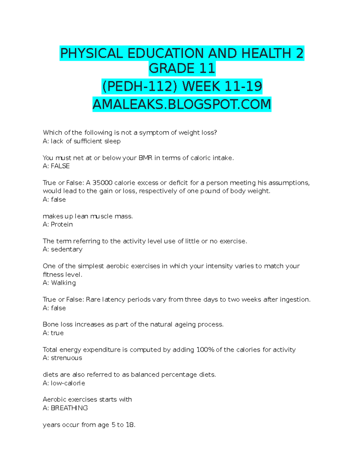 Pe 11-20 - Week 11 - 20, 2nd quarter - PHYSICAL EDUCATION AND HEALTH 2 ...