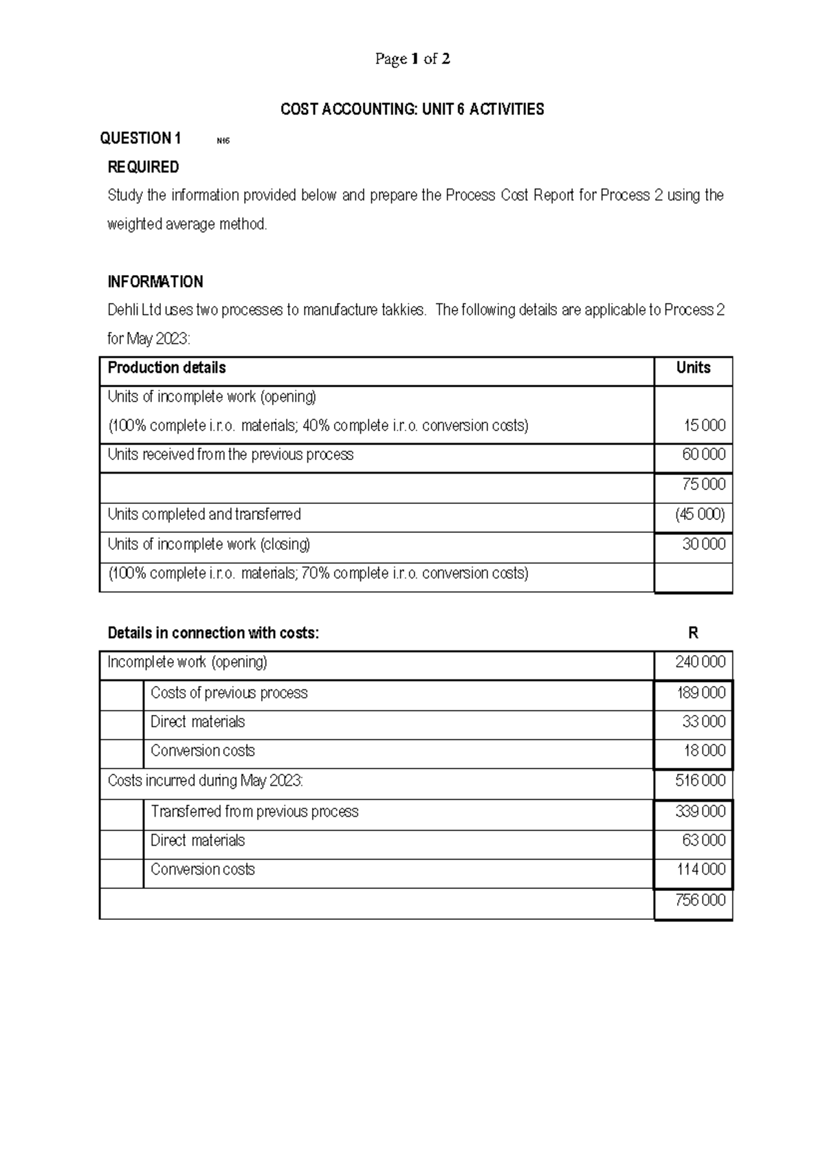 COST ACC UNIT 6 Activities - Page 1 of 2 COST ACCOUNTING: UNIT 6 ...