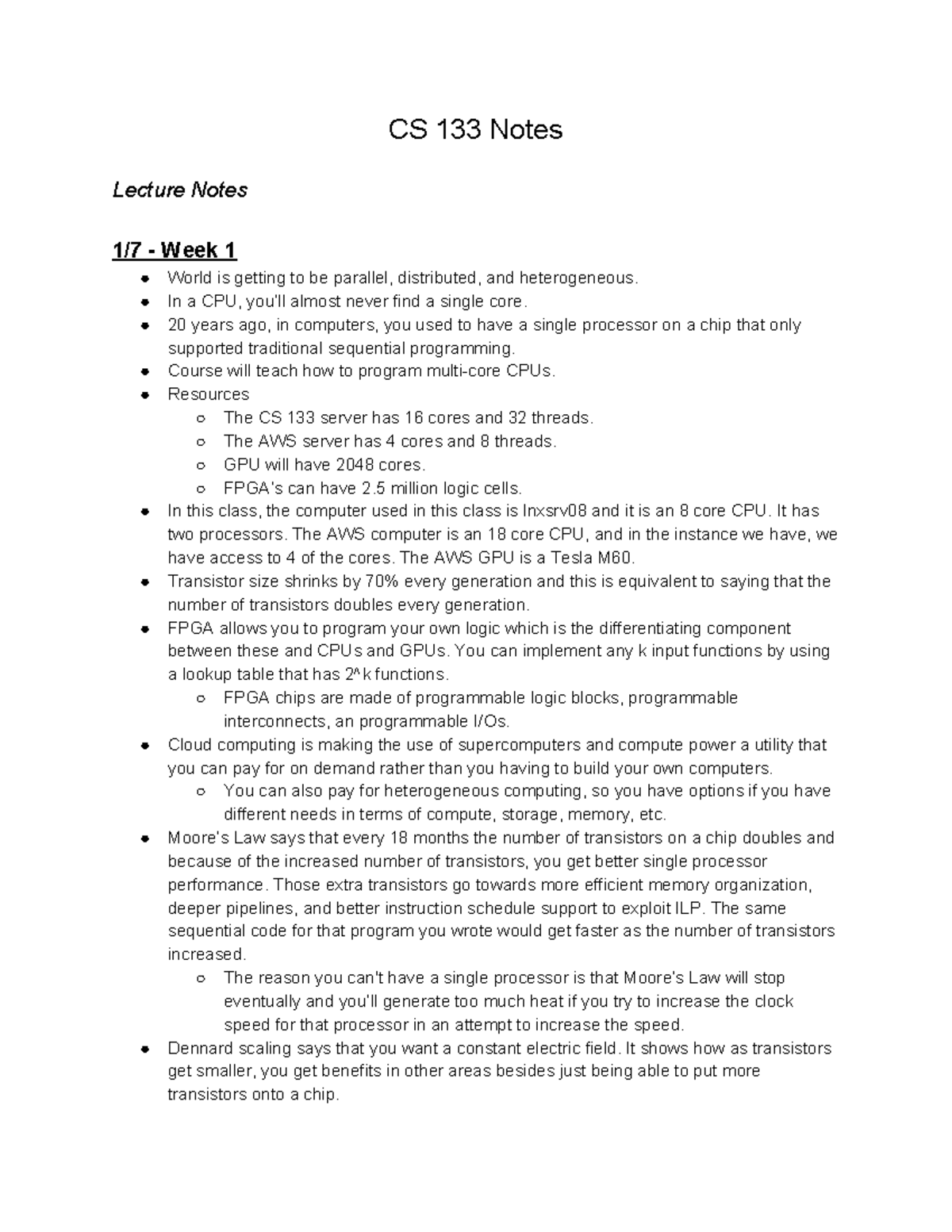 CS 133 Notes - CS 133 Notes Lecture Notes 1/7 - Week 1 World is getting ...