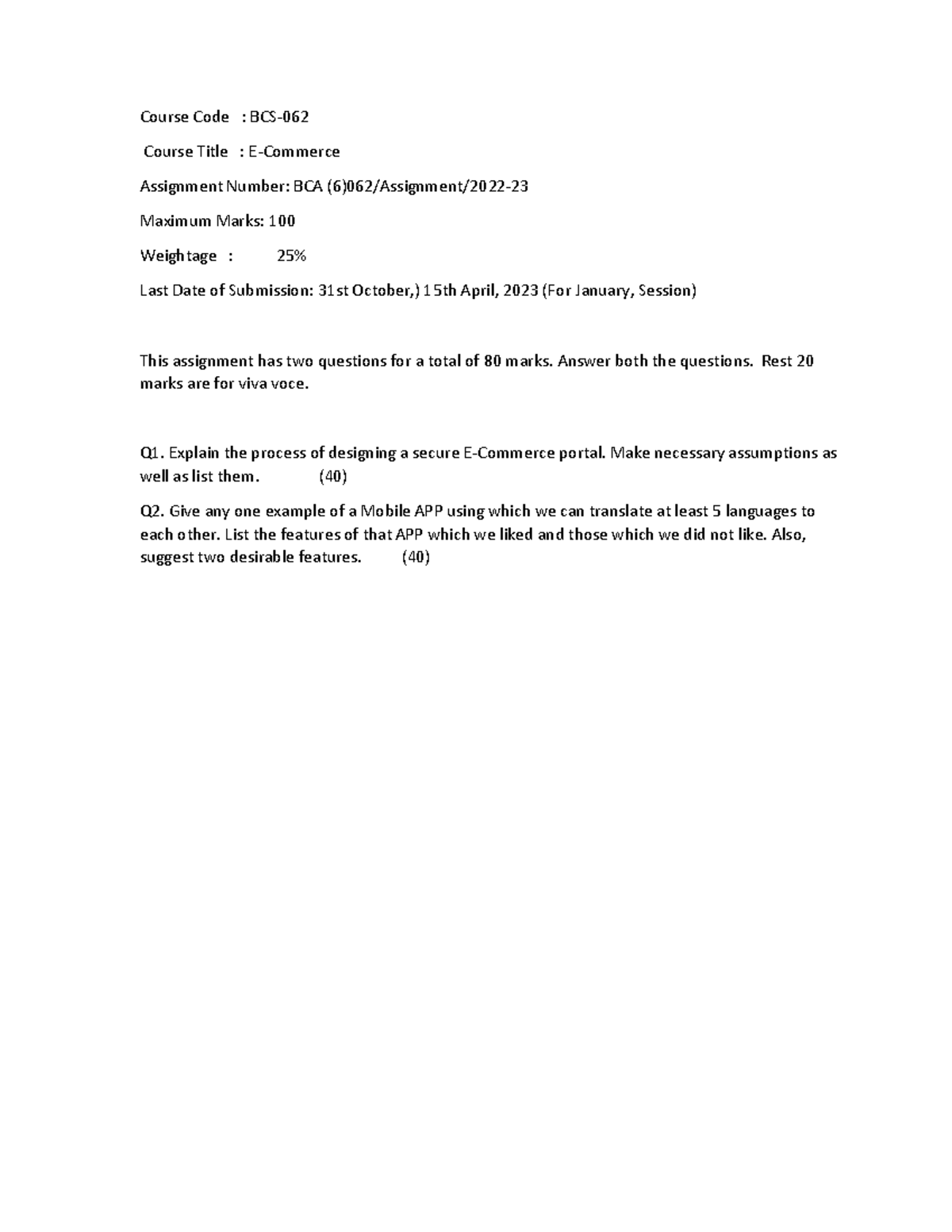 BCS 062(DEC2022/JUNE 2023) Solved Assignment. - Course Code : BCS ...