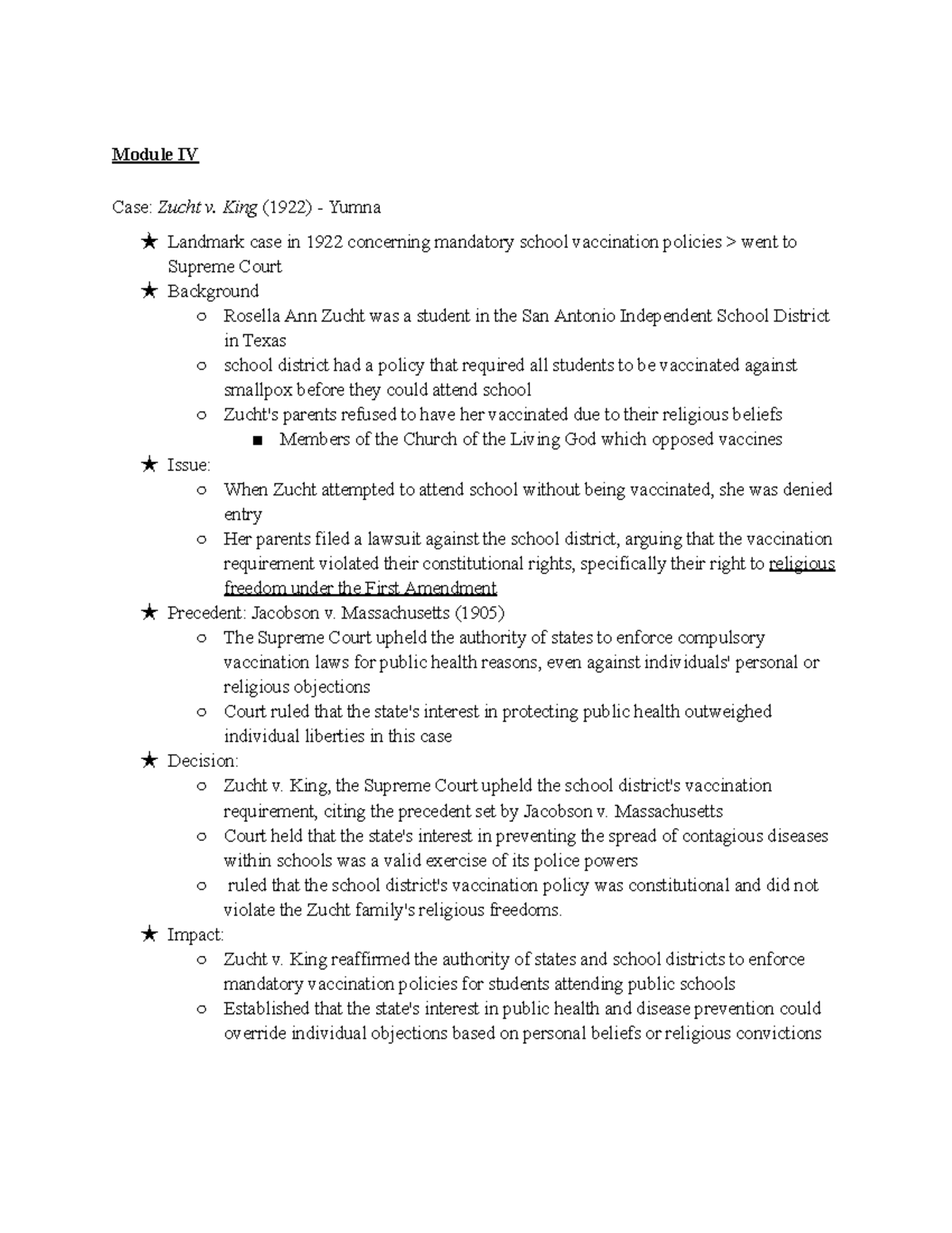 Copy of IDS2935 Q2 Study Guide - Module IV Case: Zucht v. King (1922 ...