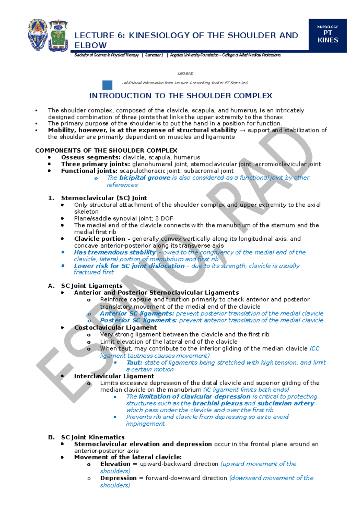 Kinesiology Reviewer - INTRODUCTION TO THE SHOULDER COMPLEX The ...