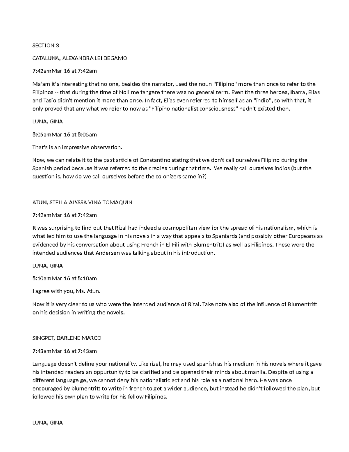 Forms of Consciousness Discussion - SECTION 3 CATALUNA, ALEXANDRA LEI ...
