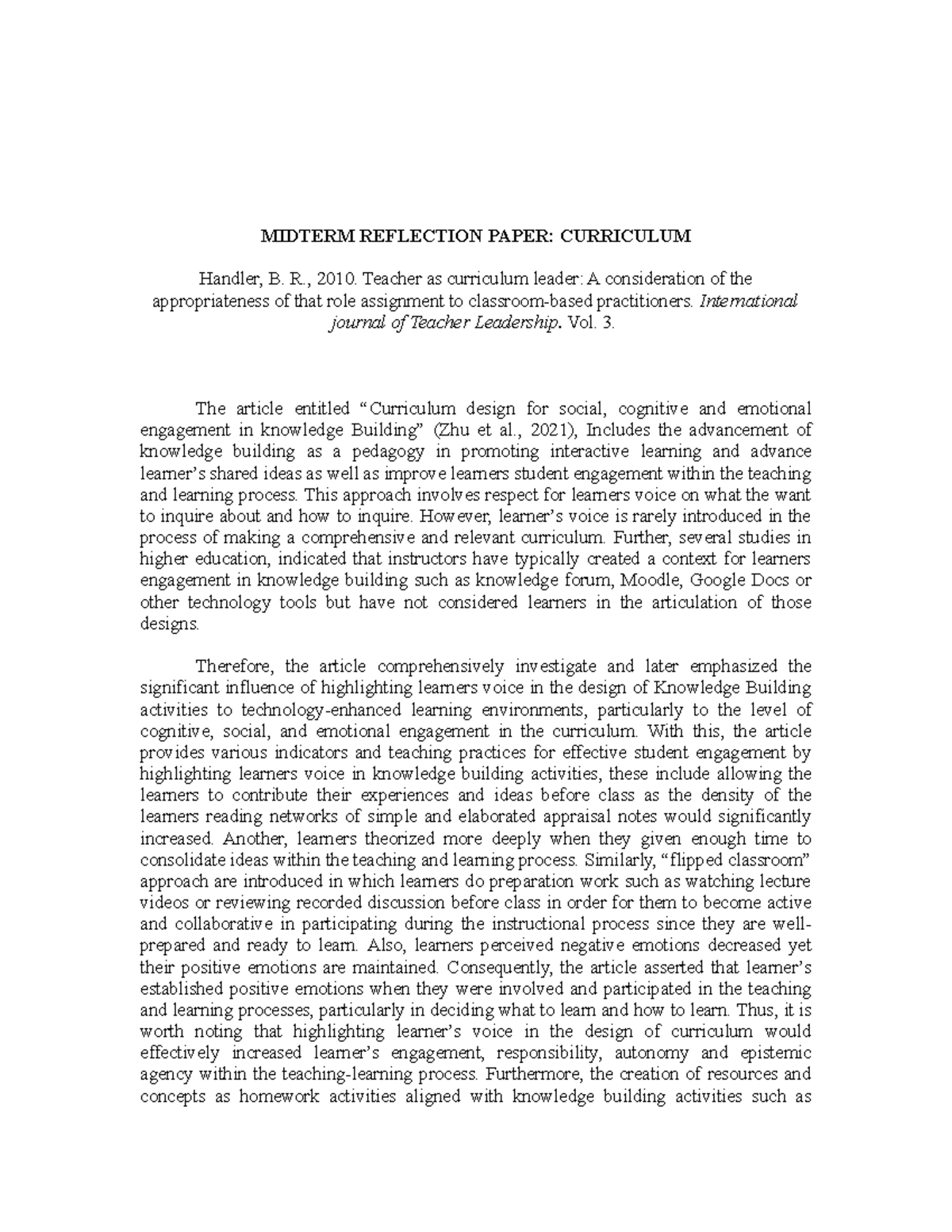 Journal 1 - Agents of CHANGE - MIDTERM REFLECTION PAPER: CURRICULUM ...