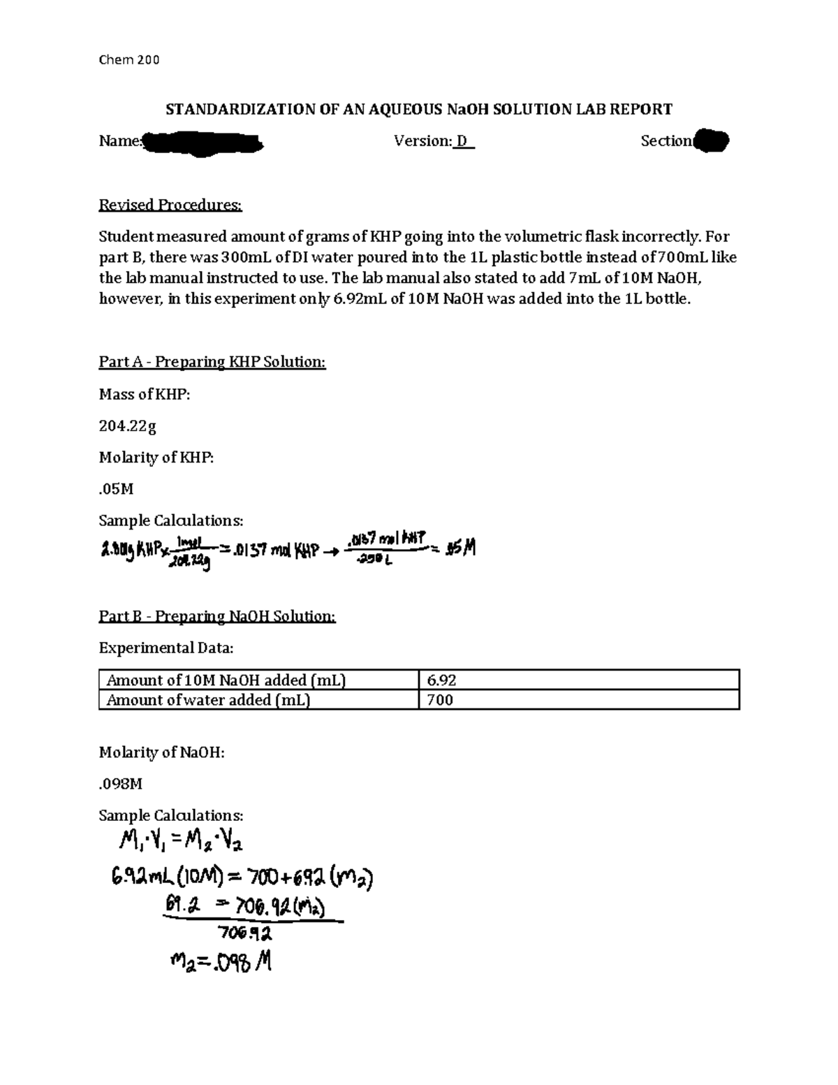 Standardization of an aqueous Na OH solution - Warning: TT: undefined function: 32 Chem 200 ...