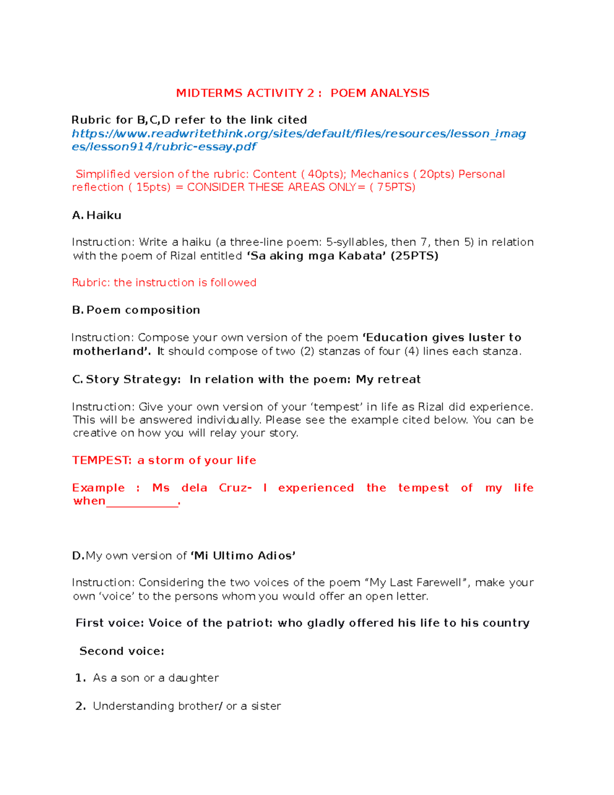 Lrizal Midterms Activity 2 - MIDTERMS ACTIVITY 2 : POEM ANALYSIS Rubric for B,C,D refer to the ...