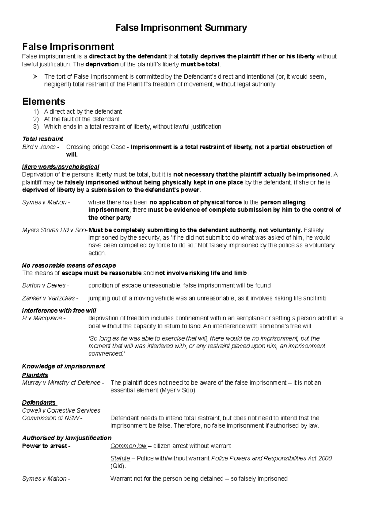 False Imprisonment Summary - False Imprisonment Summary False ...